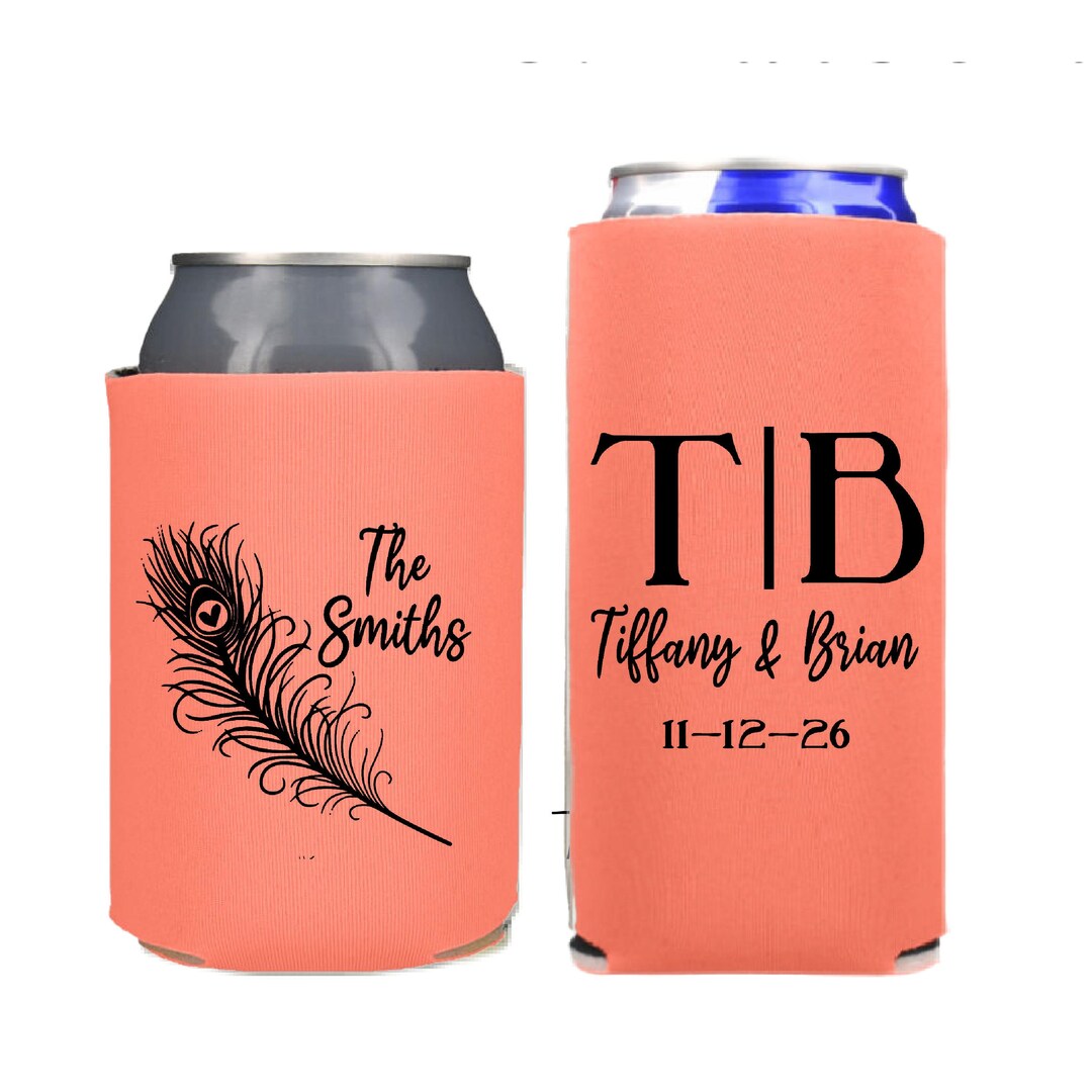 Personalized Wedding Can Coolers, Custom Feather Monogrammed Party ...