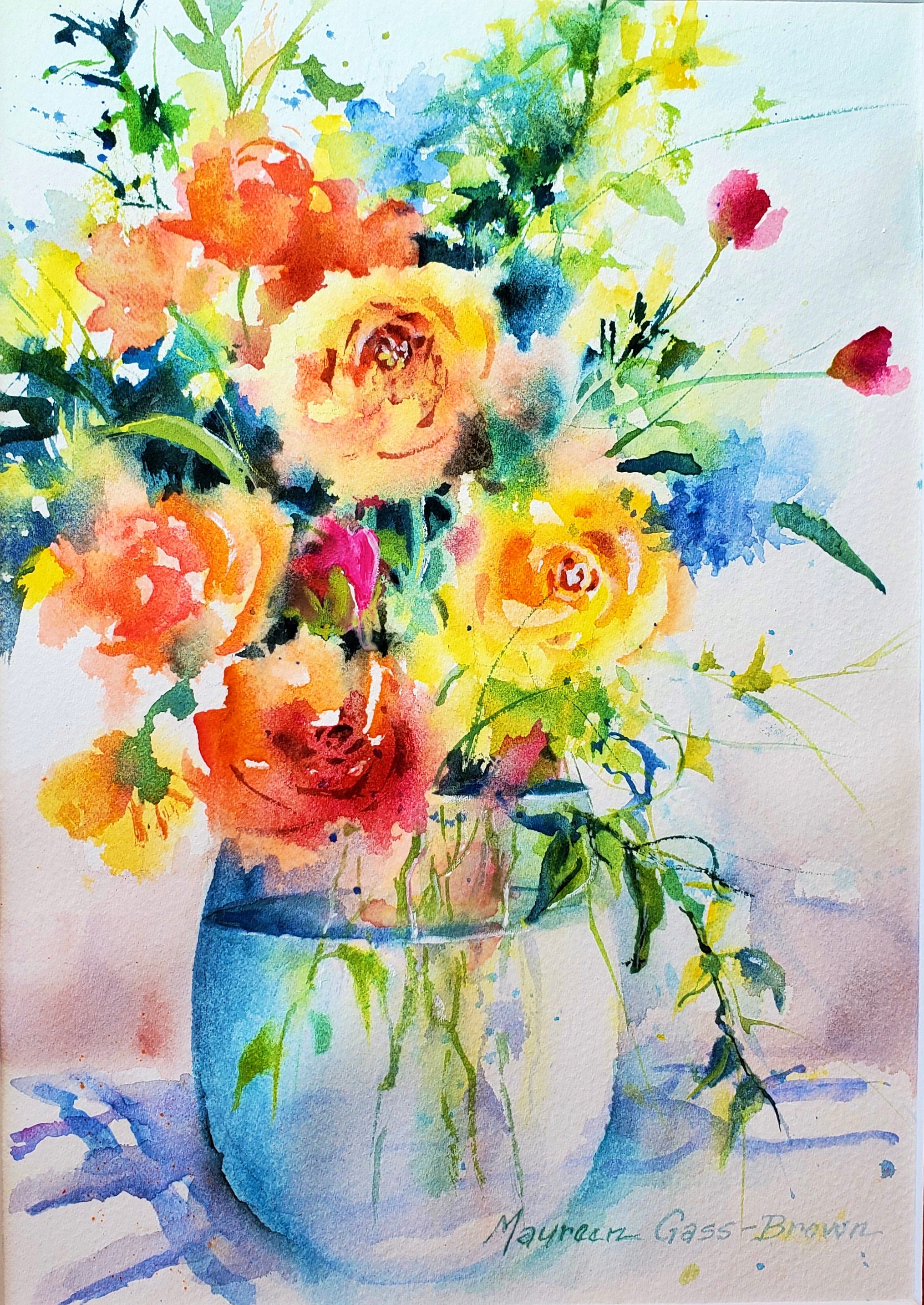FLORAL WALL ART, Original Floral Watercolor Painting, Yellow Roses ...