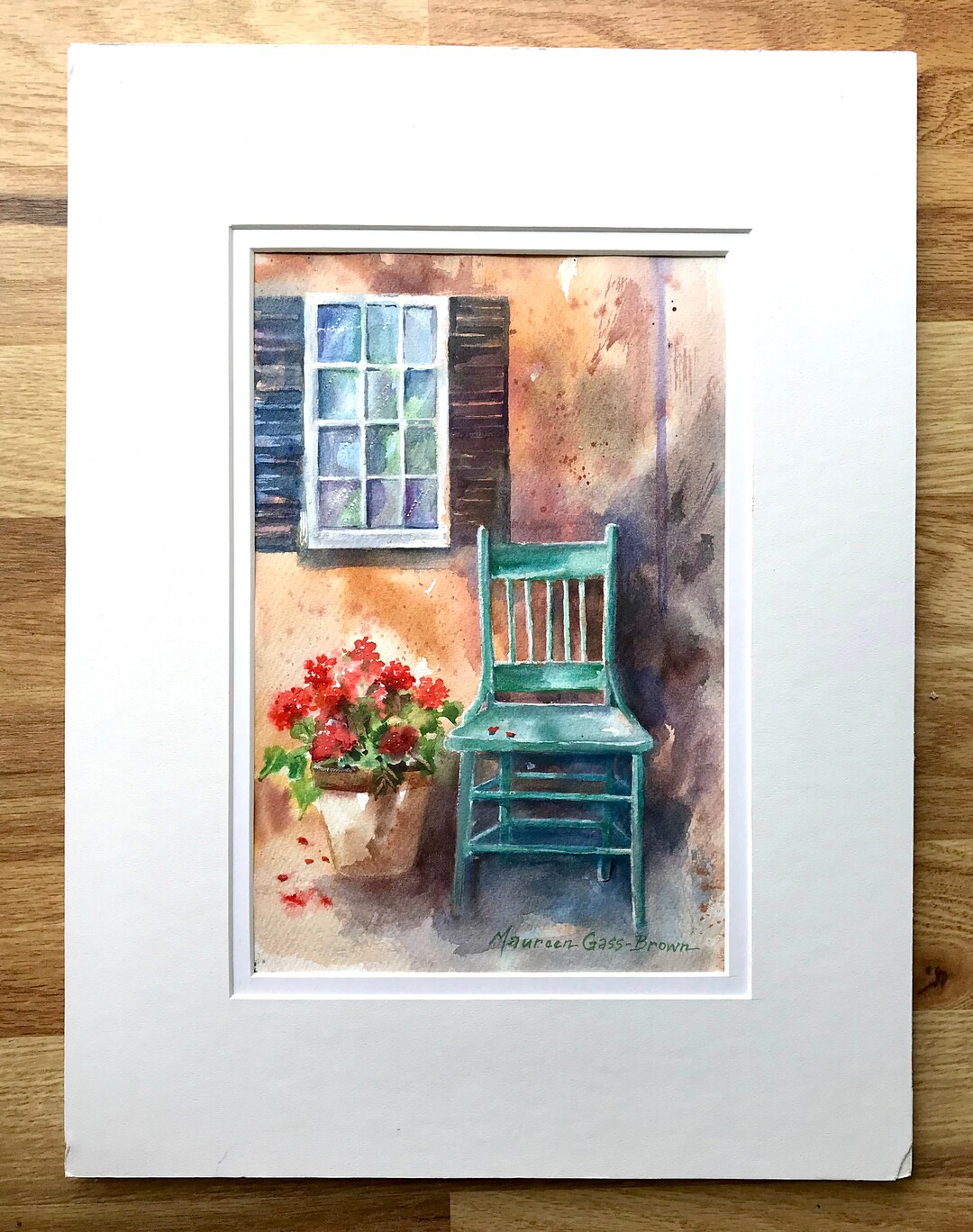 Green CHAIR WATERCOLOR PAINTING, Old Chair With Flower Pot, Red ...