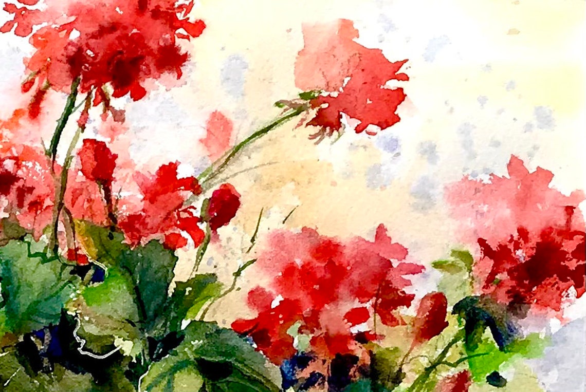 Red Geranium Watercolor Painting, ORIGINAL FLORAL WATERCOLOR, Painting ...