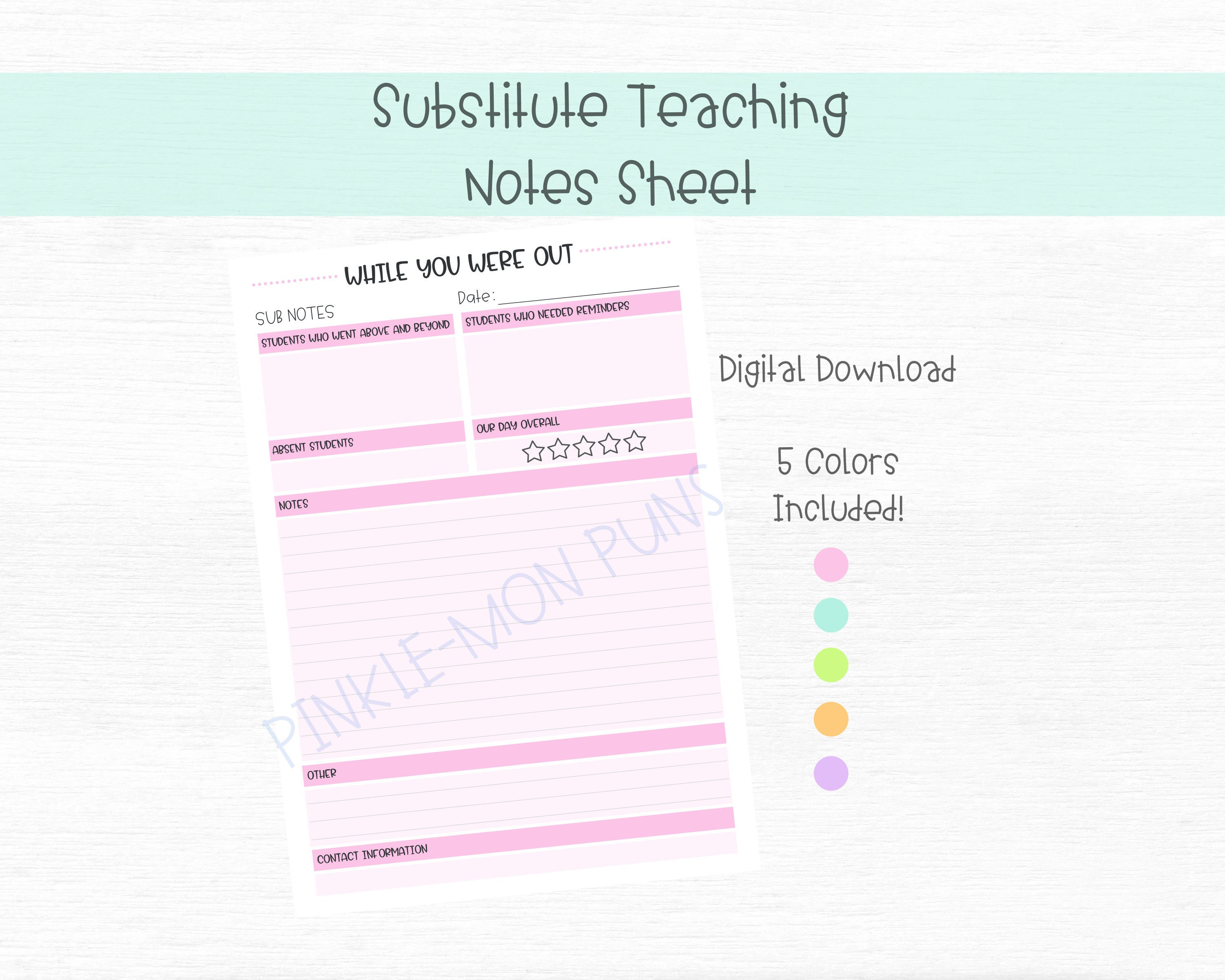 Toys Learning & School Toys & Games Substitute Teaching Notes Guest ...