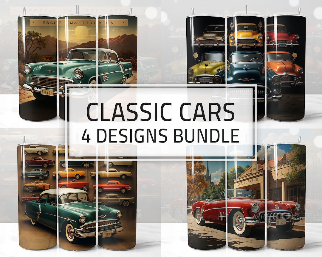 Classic Cars Designs Bundle for Tumbler, Colored Old Collection Cars ...