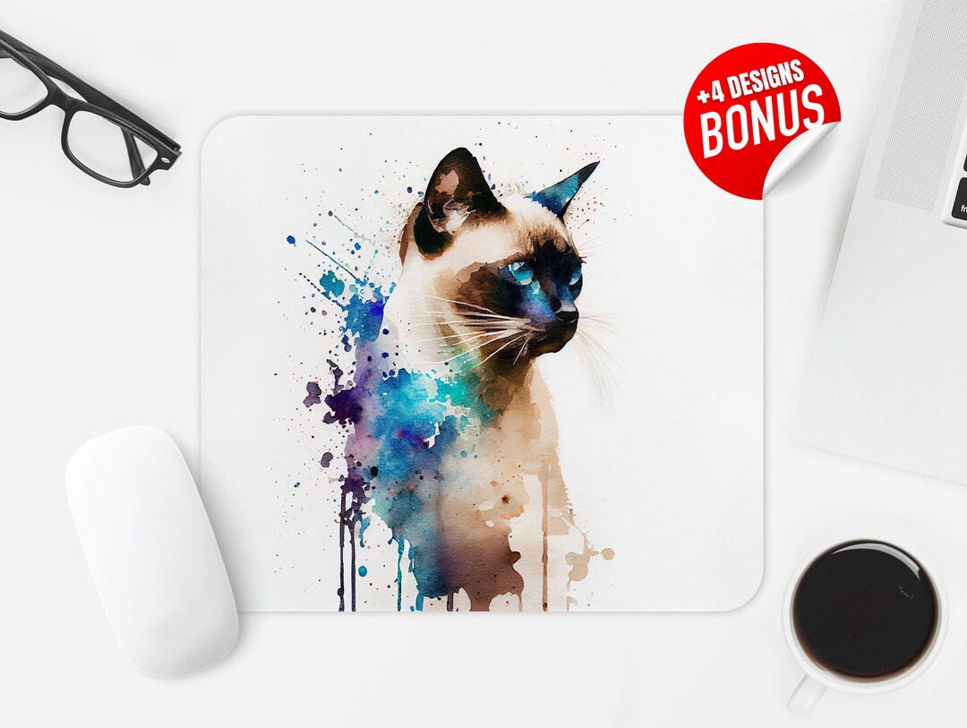 Siamese Cat Mouse Pad Sublimation Design, Watercolor Cat Lover Computer ...