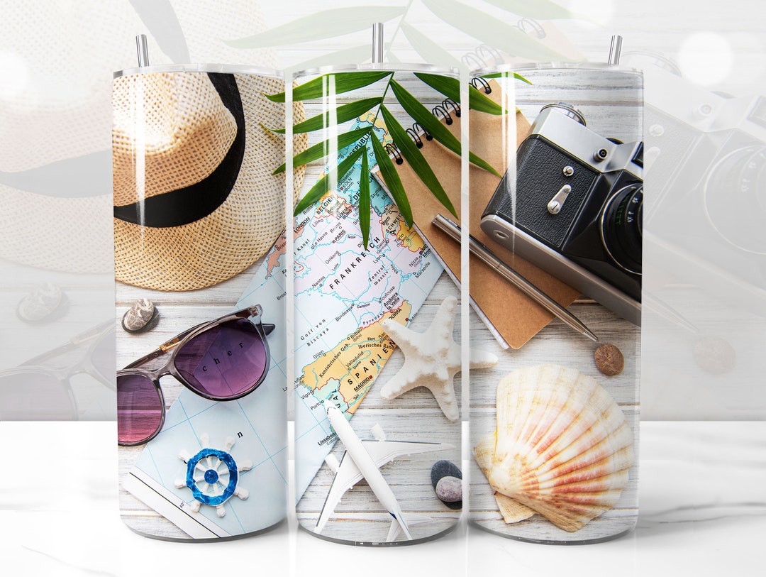 Traveldesign for Tumbler, Traveling Beach Materials Map Camera Passport ...