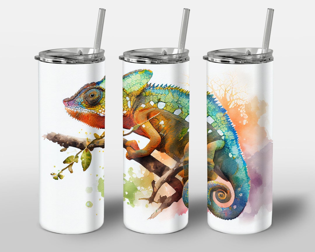 Watercolor Chameleon Design for Tumbler, Alcohol Ink Art Colored Lizard ...
