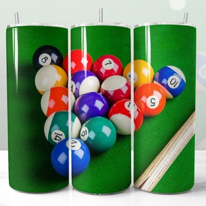 Billiards Pool Designs for Tumbler, Pool Pocket Green Blue Table Balls ...