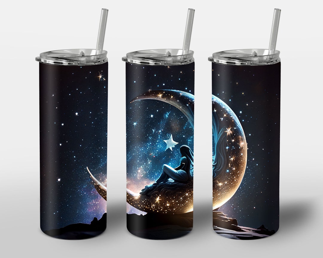 Fairy Moon Design for Tumbler, Alcohol Ink Art, Stars Night Sky Princess Sitting on the Moon ...