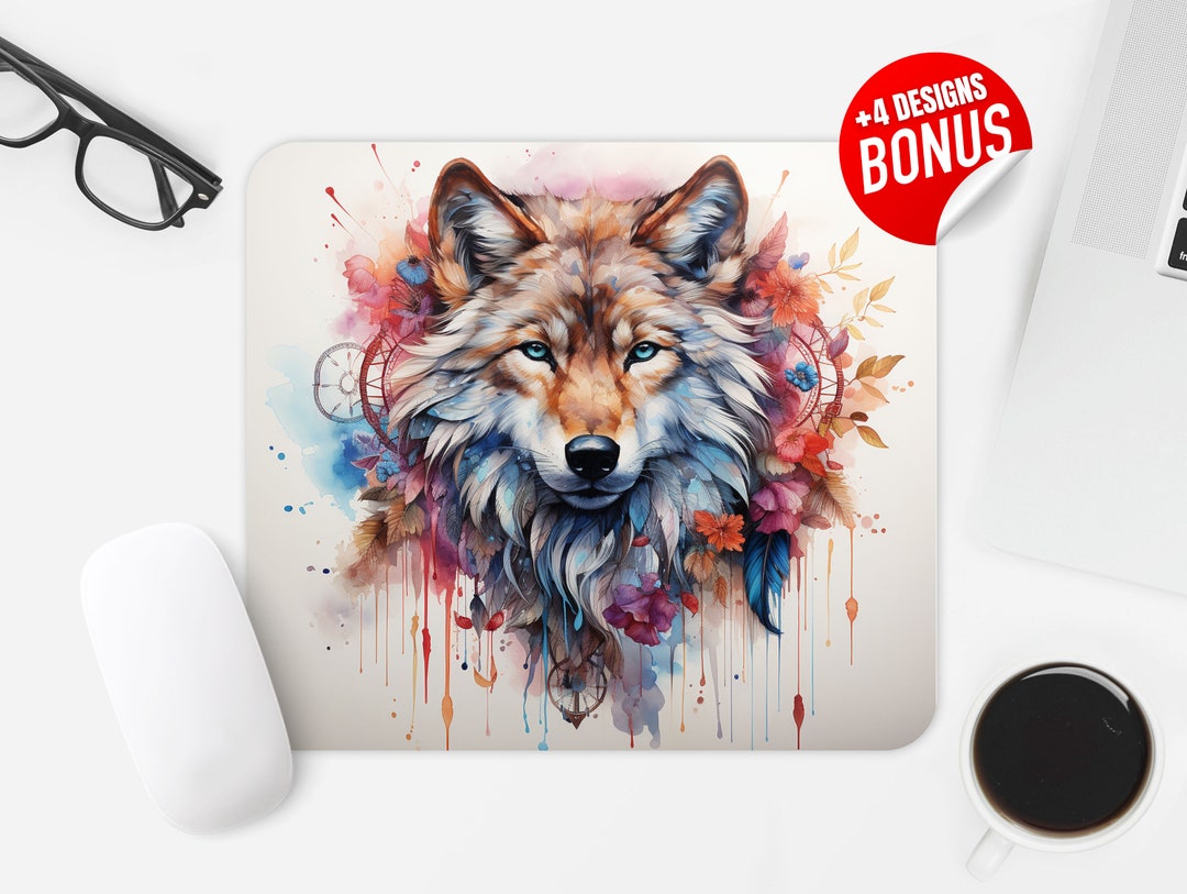 Wolf Catcher Mouse Pad Sublimation Design, Watercolor Floral Wolf Face ...