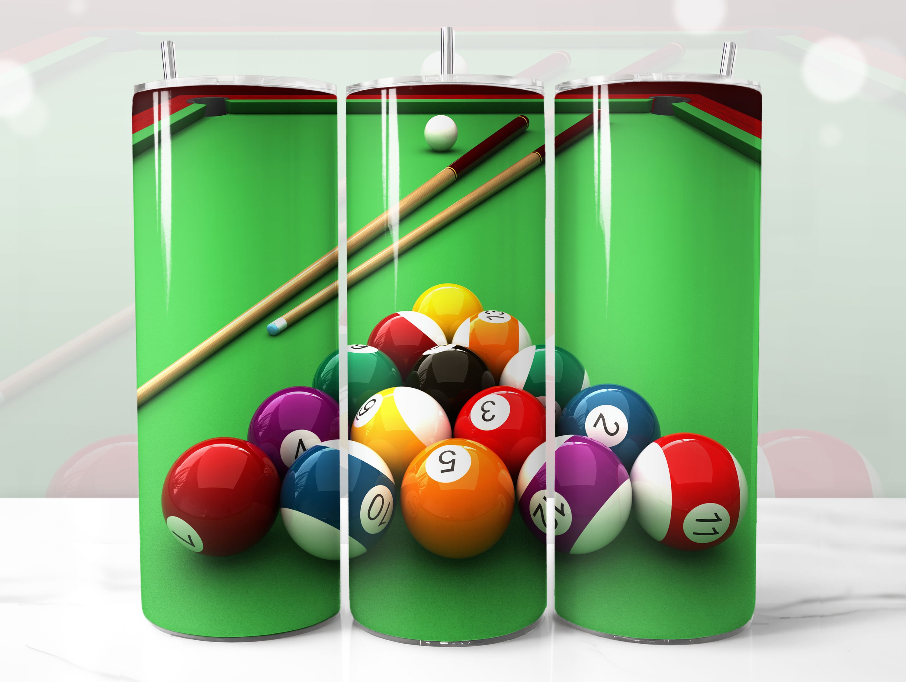 Billiards Pool Designs for Tumbler, Pool Pocket Green Blue Table Balls ...