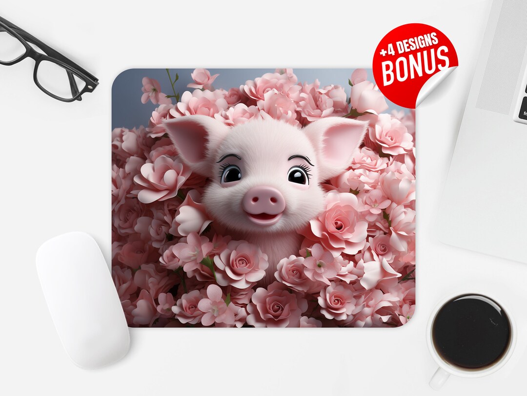 3D Cute Baby Pig Mouse Pad Sublimation Design, Pink Floral Computer ...