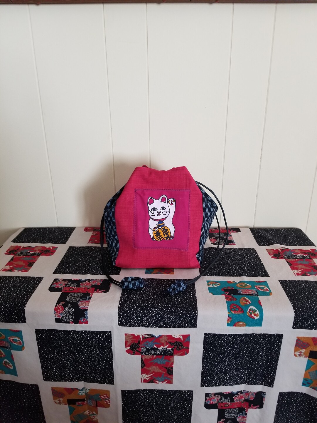 Mineko Neko Lucky Cat Kinchaku Drawstring Bag/batik, Kasuri, Cotton - Etsy
