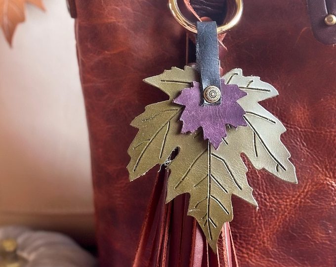 Olive Green Fall MAPLE Leaf Purse Charm, Genuine Leather Bag Charm ...