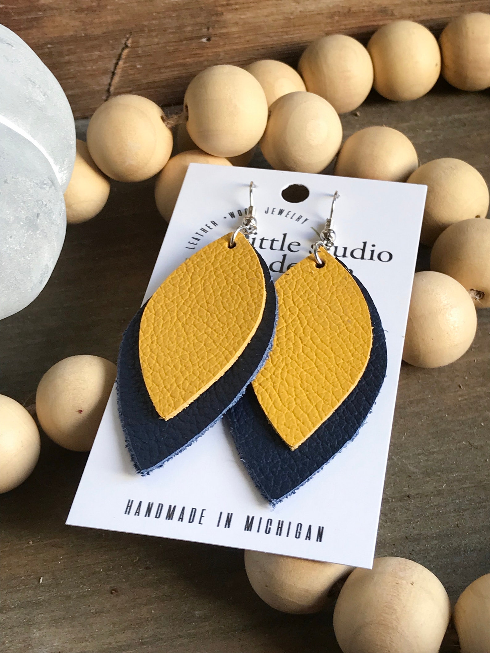 Michigan Leather Football Earrings Blue and Maize Leather | Etsy