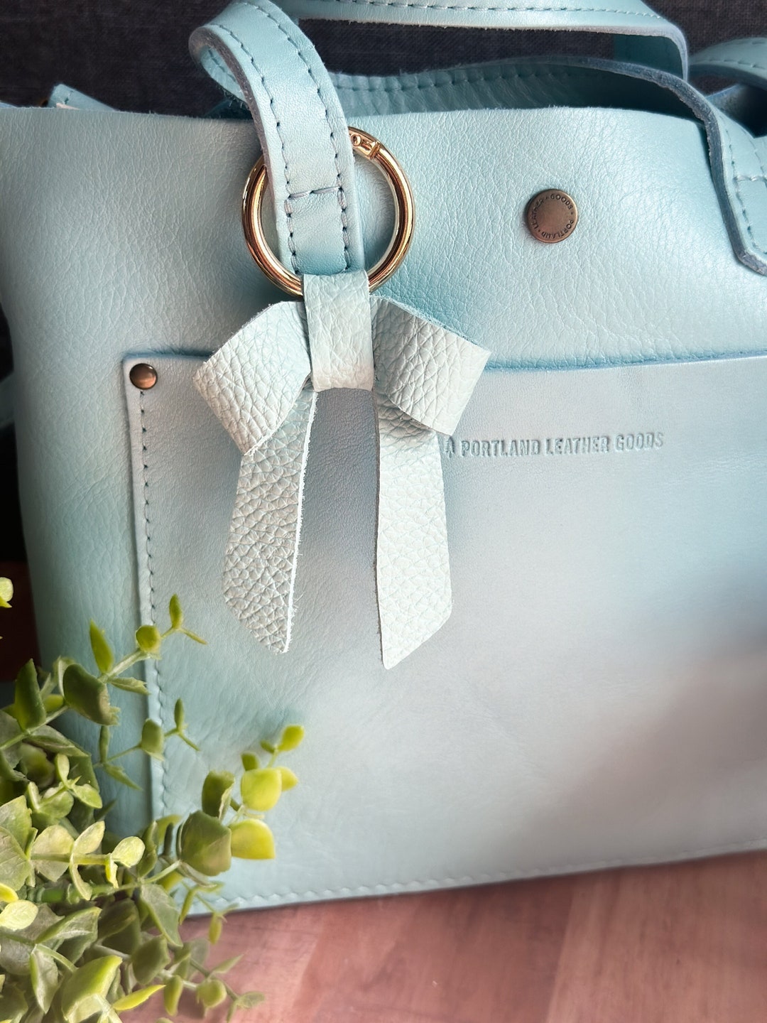 Medium Mint Blue Leather Bow Purse Charm, Genuine Leather Tote Charm ...