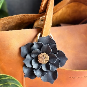 Black Flower Leather Purse Charm, Single Magnolia Flower Purse Charm ...