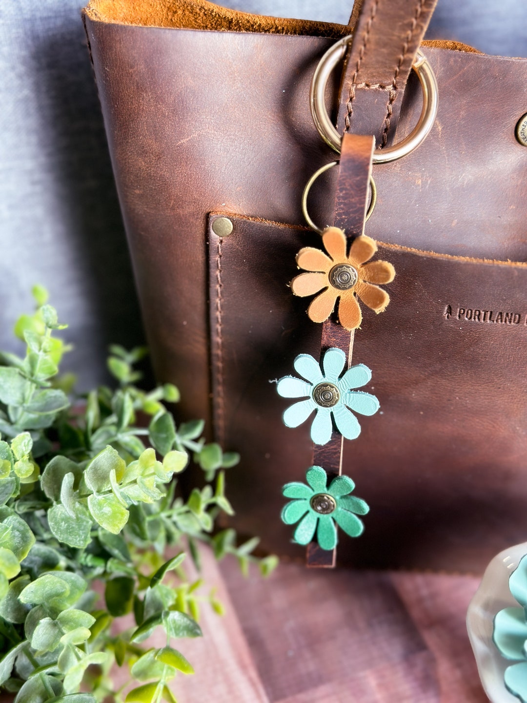 Tan Mint and Green Leather Daisy Trio Purse Charm, Flower Purse Charm ...