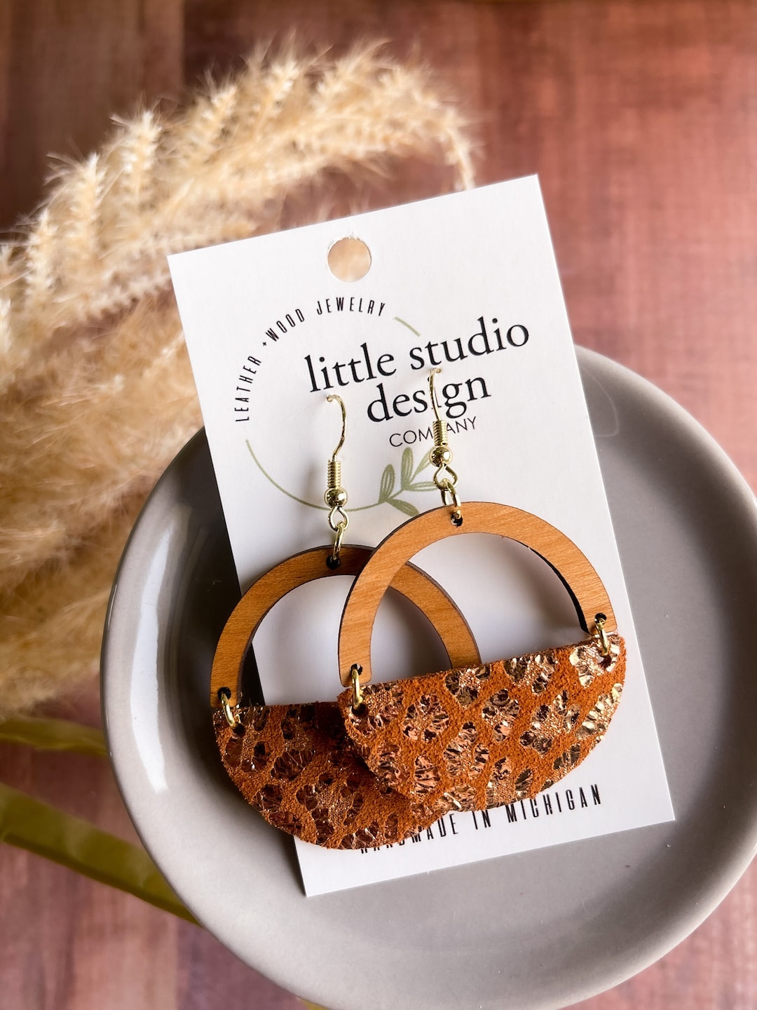 Ginger Suede Leopard Hoop Earrings, Wood Arch Earrings, Leather ...
