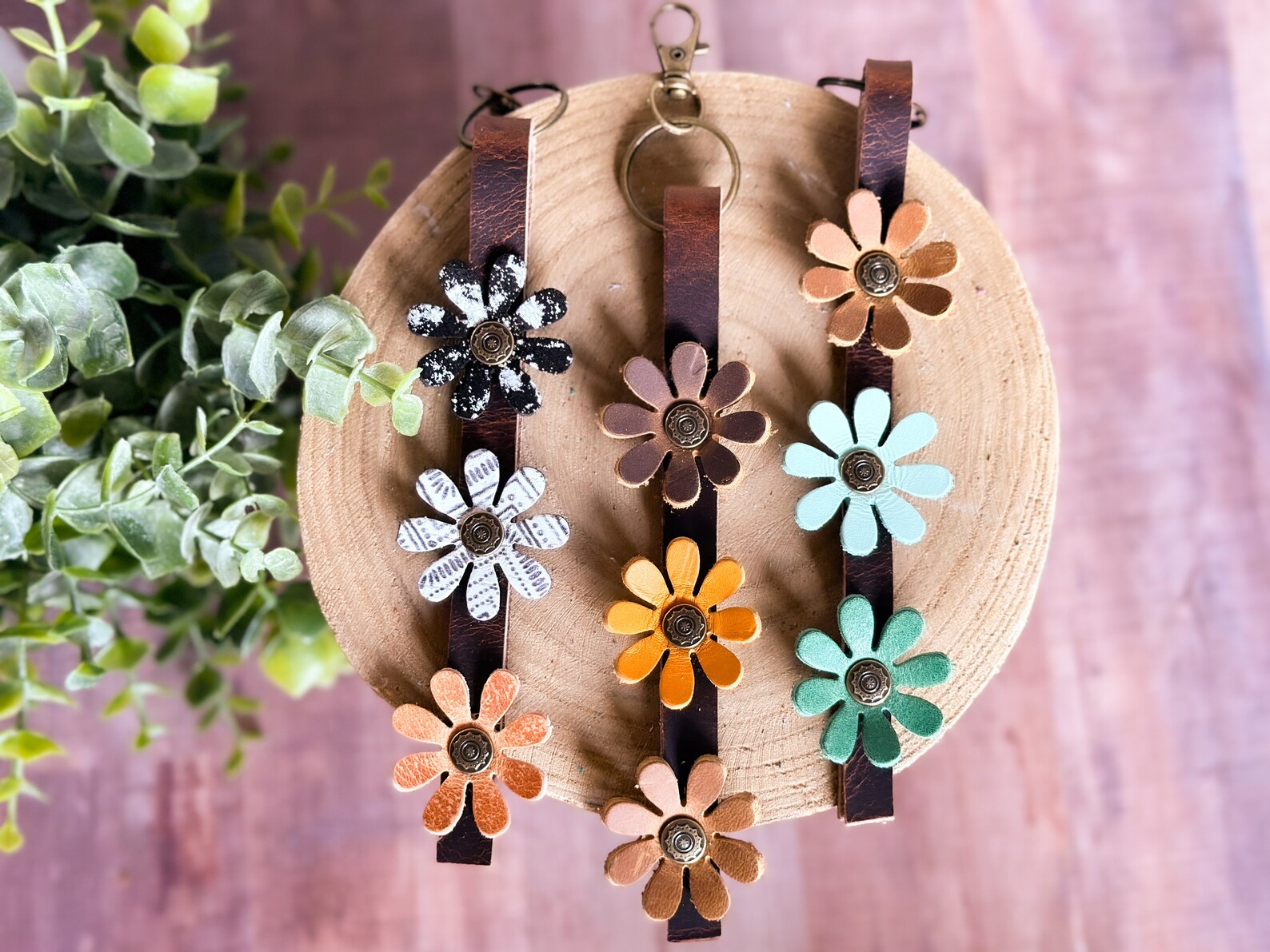 Chocolate Brown and Yellow Leather Daisy Trio Purse Charm, Flower Purse ...