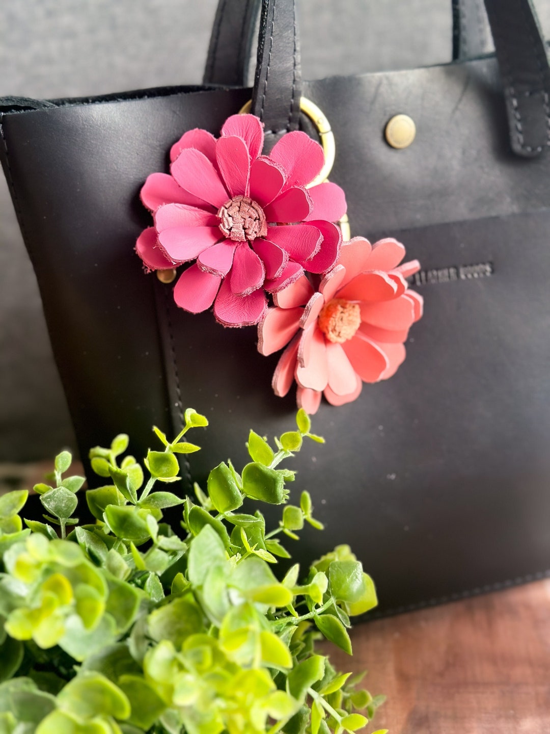 Large Rose Pink Daisy Flower Purse Charm, Genuine Leather Bag Charm ...