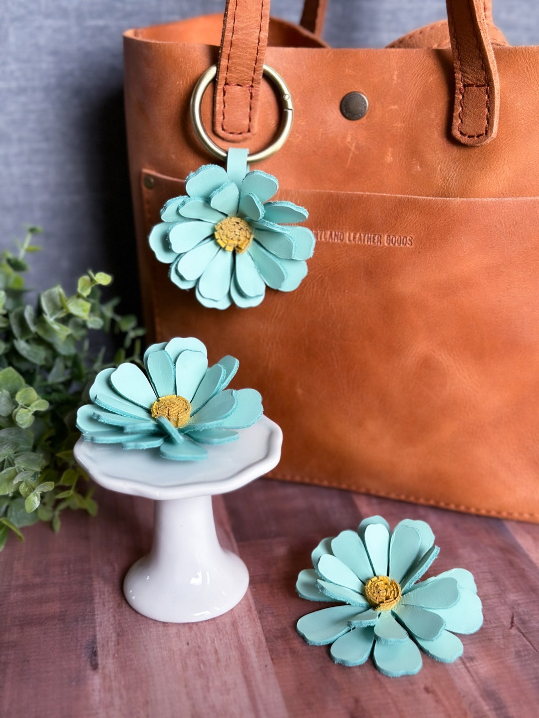 Large Daisy Flower Purse Charm, Mint Blue Flower Purse Charm, Genuine ...
