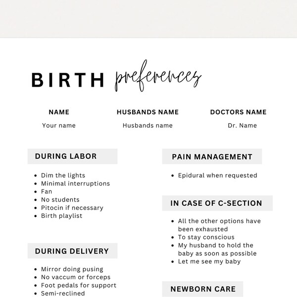 Birth Plan Templatebirth Planbirth Plan Template Editablevisual Birth ...