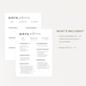 Editable Birth Plan, Birth Plan Template, Canva Template, Simple Printable Birthing Plan, Labor ...