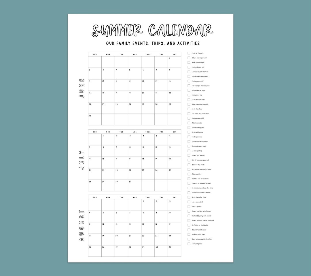 Printable Summer Calendar Poster, Summer 2024 Calendar, Bucket List ...