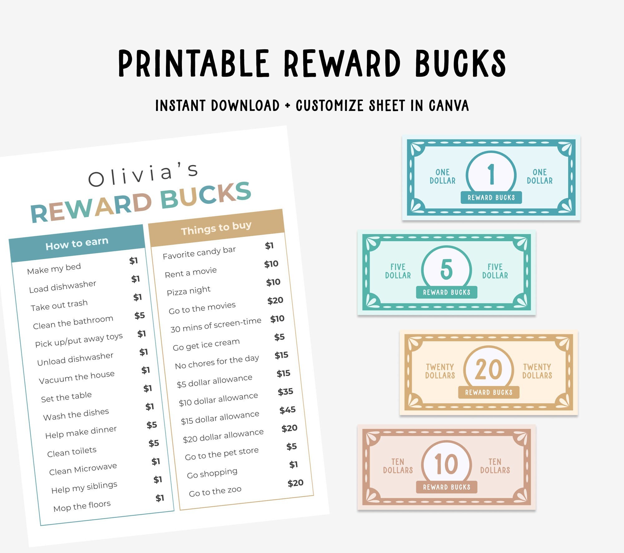 Reward Bucks Printables, Mom Bucks, Chore Bucks for Kids, Printable Mom ...
