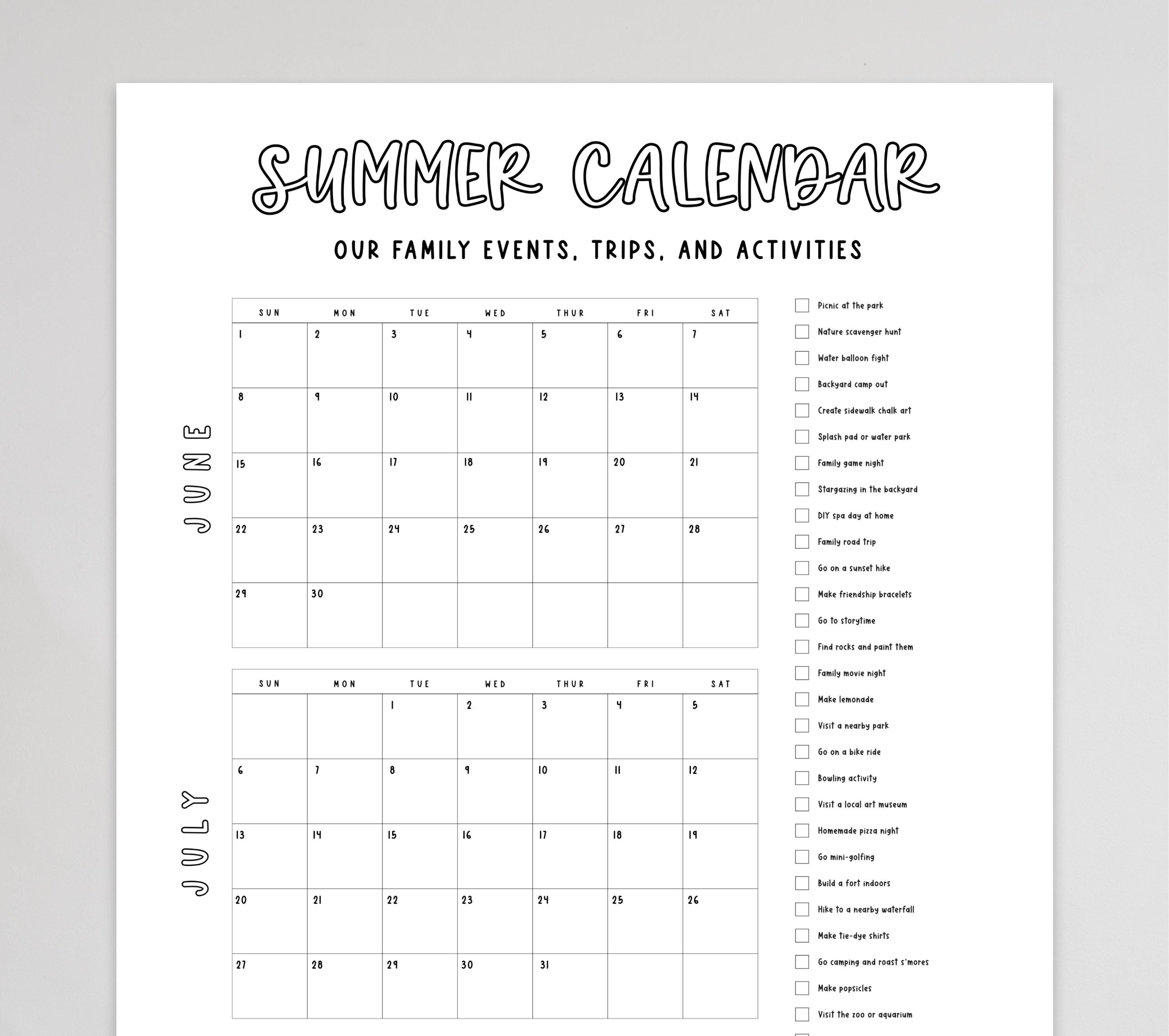Printable Summer Calendar Poster, Summer 2025 Calendar, Bucket List ...