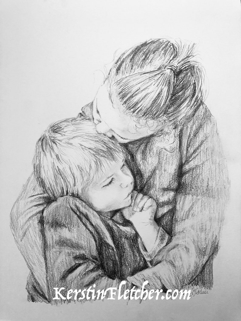 Sister & Brother Snuggle, Graphite Portrait Drawing--fine Art Print #50 ...
