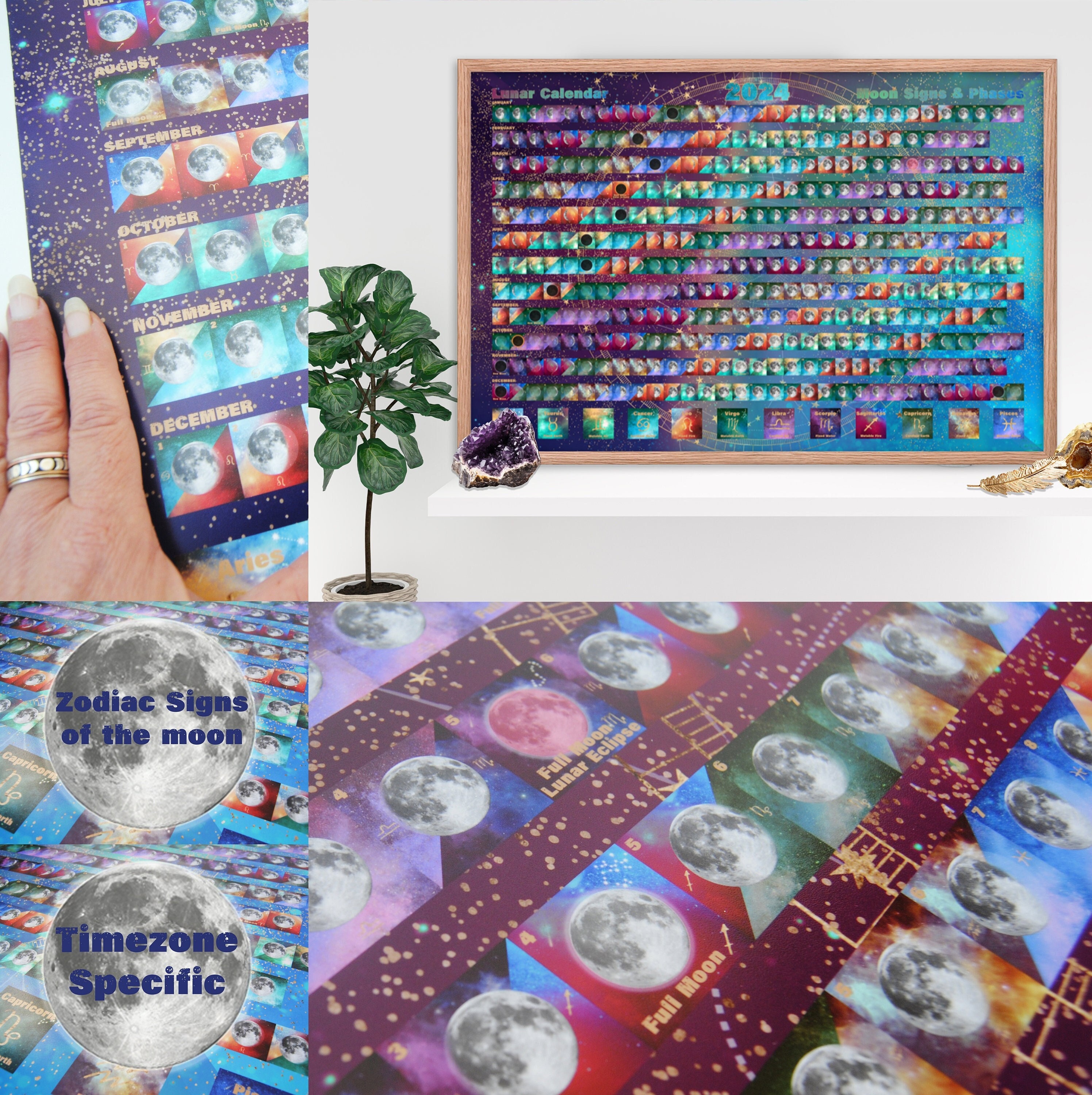 2024 Moon Calendar Astrological Art Lunar Planner Wall Poster Time Zone Specific With Moon ...