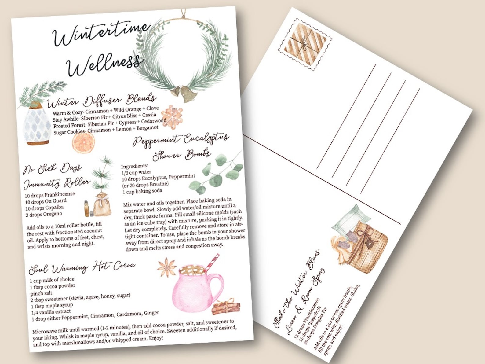 PRINTABLE DOTERRA Winter Watercolor Postcard, Essential Oil Postcard ...