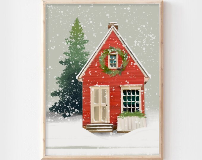 Red Christmas House Art Print, Christmas Art Print, Holiday Artwork ...