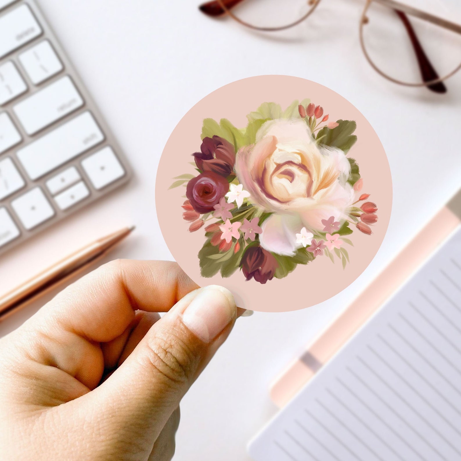 Pink Floral Sticker 3x3 In. Round Flower Sticker Laptop | Etsy