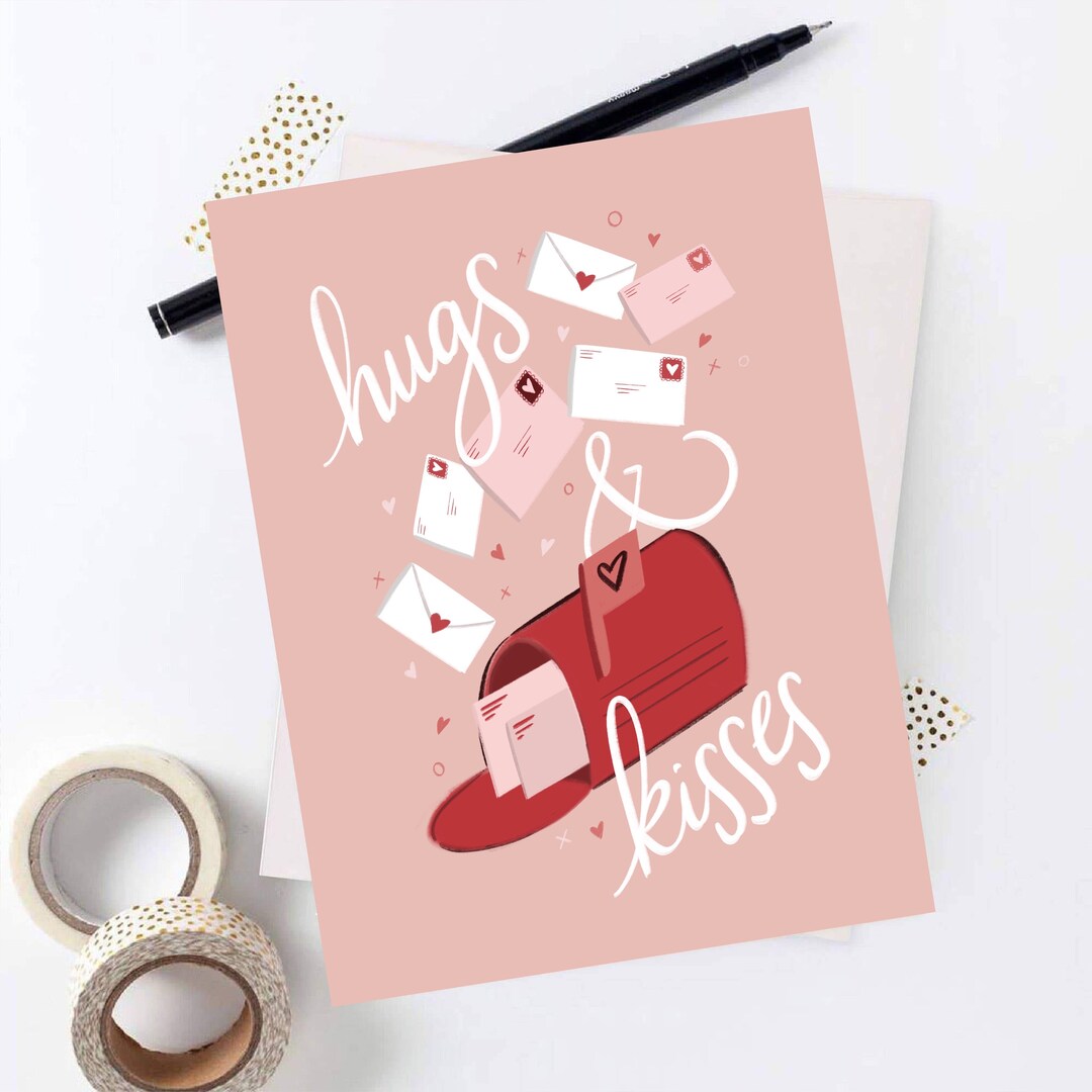 Hugs and Kisses Card, Love Greeting Card, Pink Valentine Card, XOXO ...