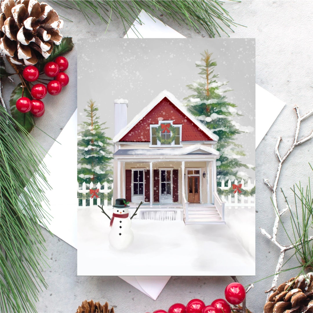 Christmas House Card, Christmas Holiday Notecard, Red Farmhouse ...