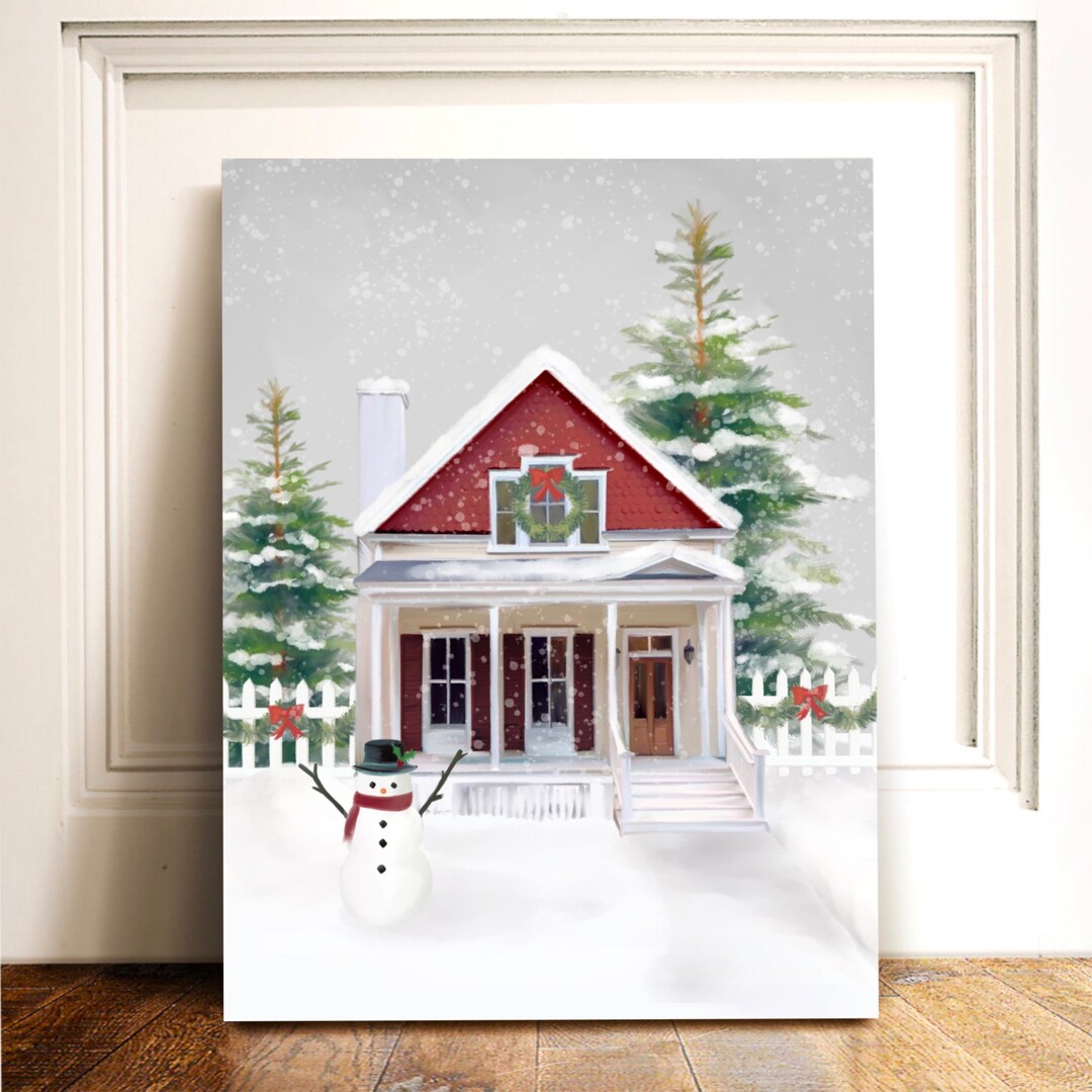 Red Christmas House Art Print, Christmas Art Print, Holiday Artwork ...