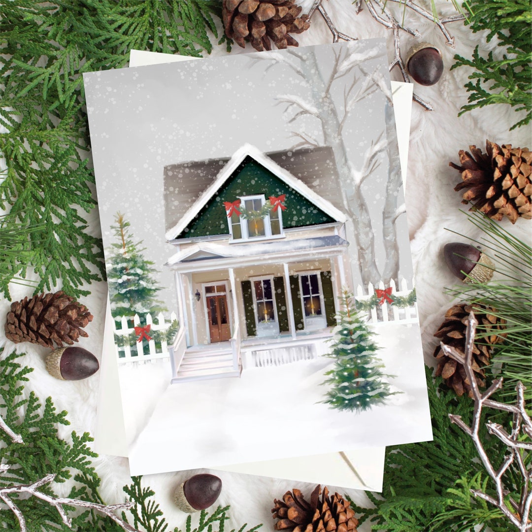 Christmas House Card, Christmas Holiday Notecard, Green Farmhouse ...