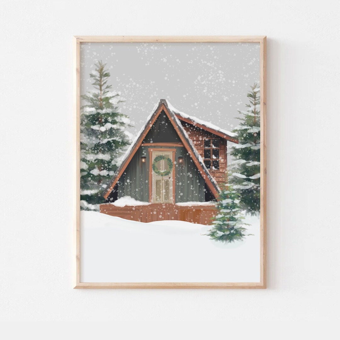 Rustic A Frame Cabin, Winter Christmas Art Print, Holiday Decor ...