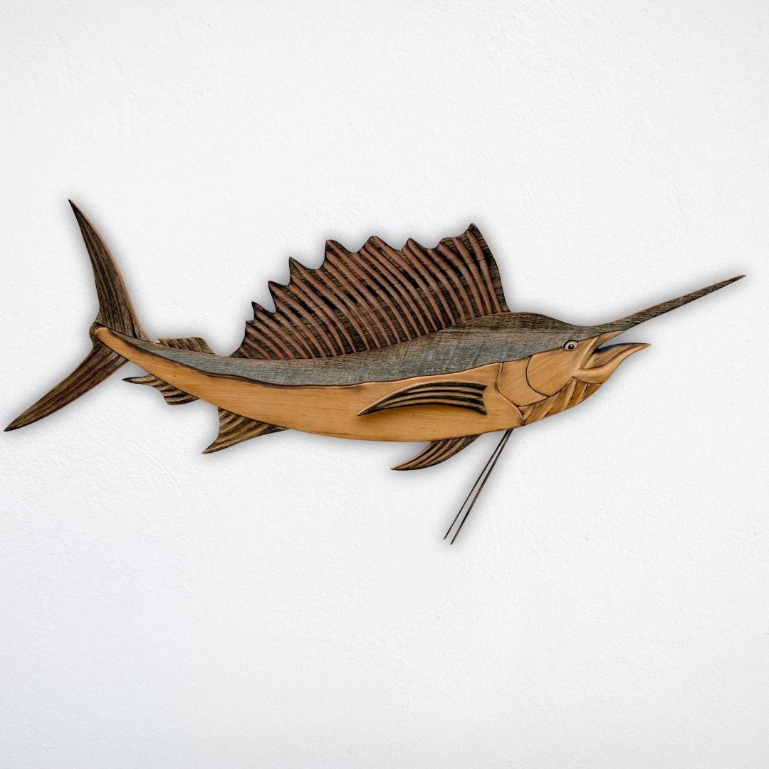 Handcrafted Wooden Sailfish Sculpture | Reclaimed Wood Ocean Wall Art ...