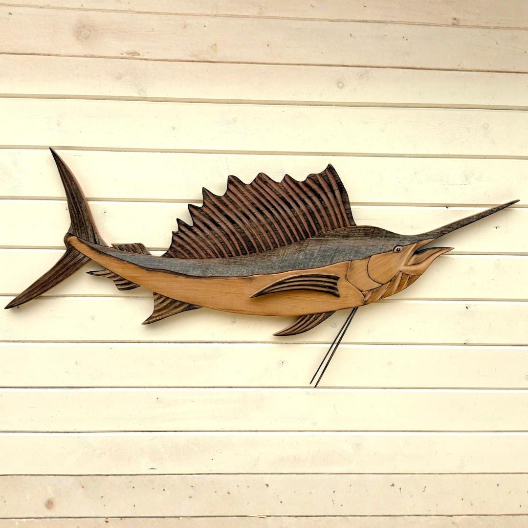 Handcrafted Wooden Sailfish Sculpture | Reclaimed Wood Ocean Wall Art ...