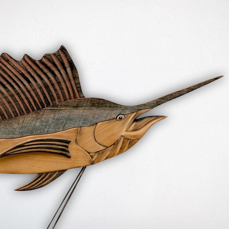 Handcrafted Wooden Sailfish Sculpture | Reclaimed Wood Ocean Wall Art ...
