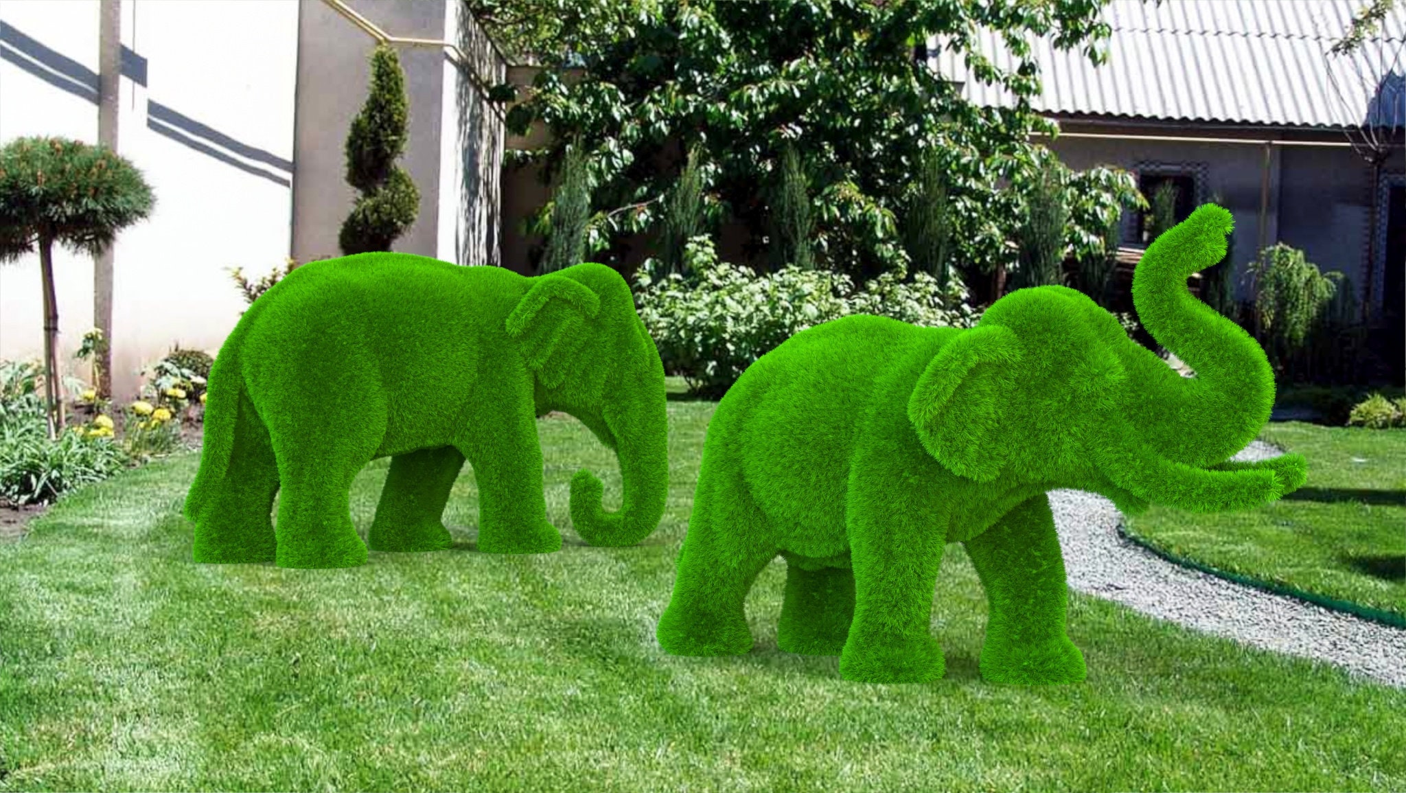 Outdoor Small Elephants Topiary Green Figures Covered in Artificial ...