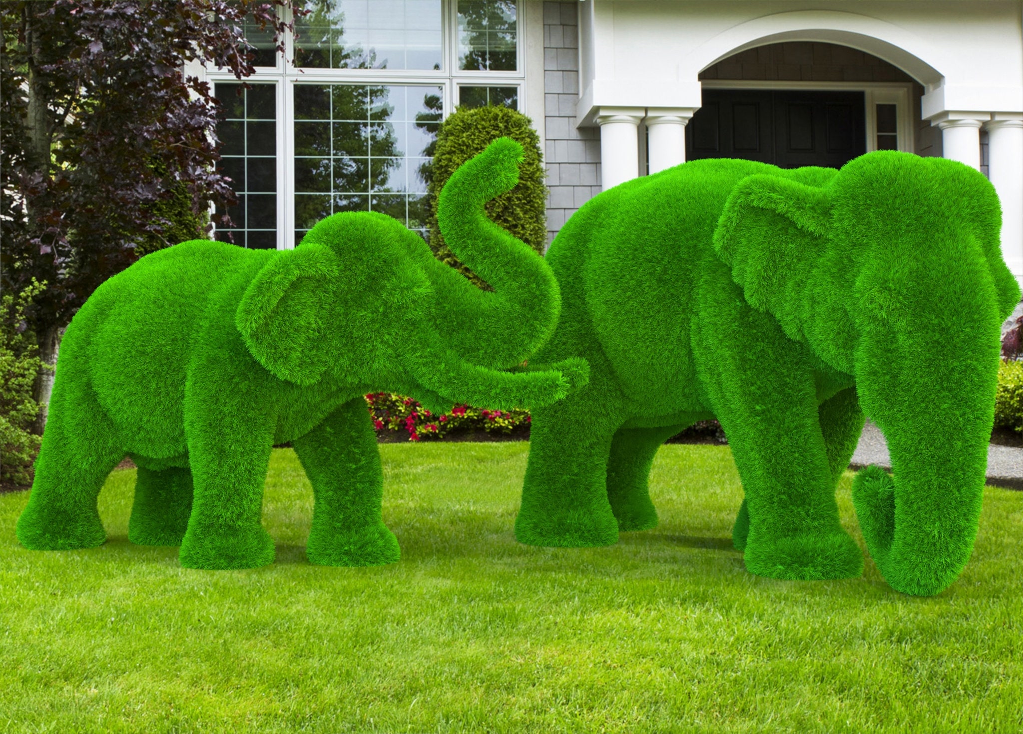 Outdoor Small Elephants Topiary Green Figures Covered in Artificial Grass Landscaping Sculpture ...