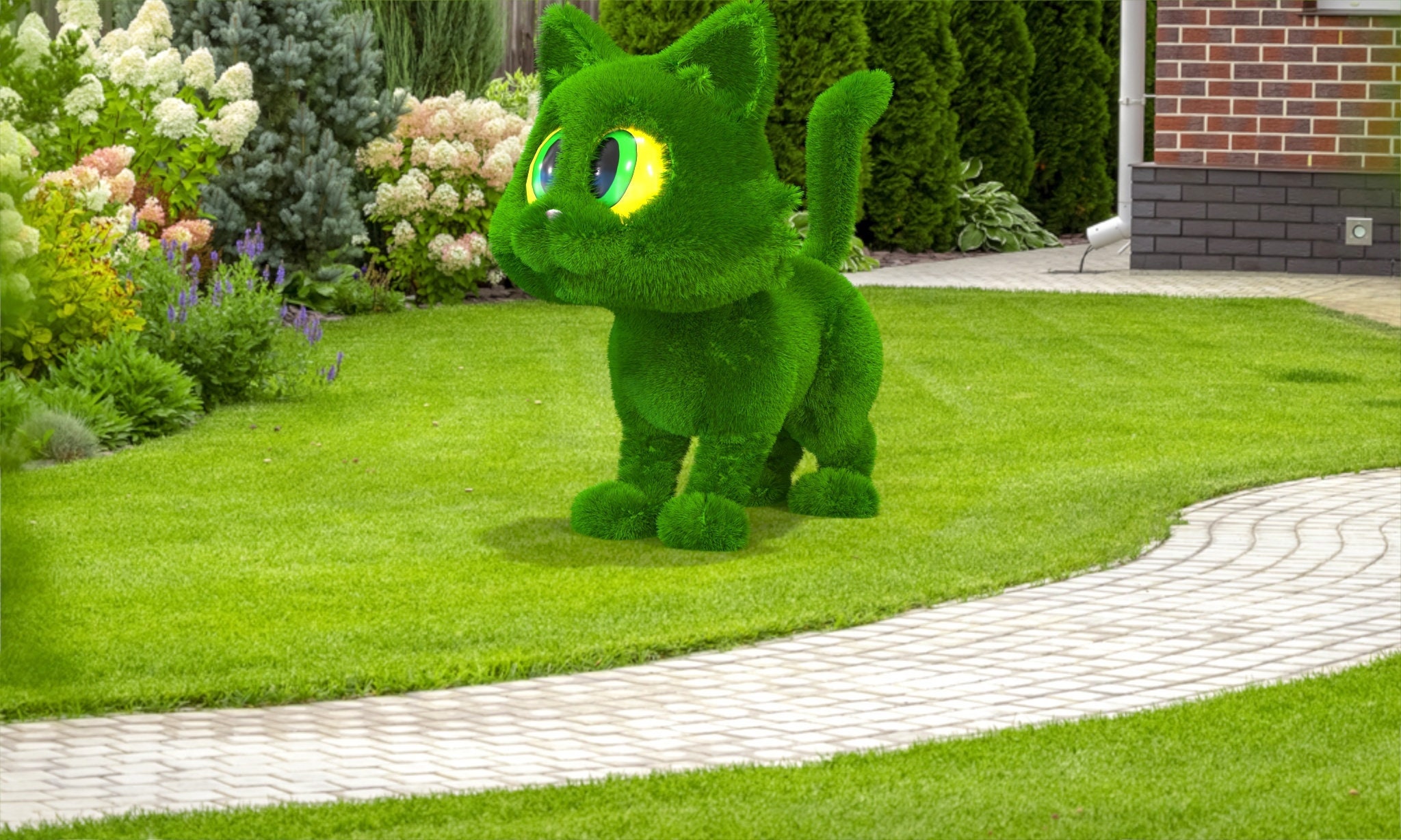 Outdoor Cartoon Cat Topiary Green Figures Covered in Artificial Grass Landscaping Sculpture ...