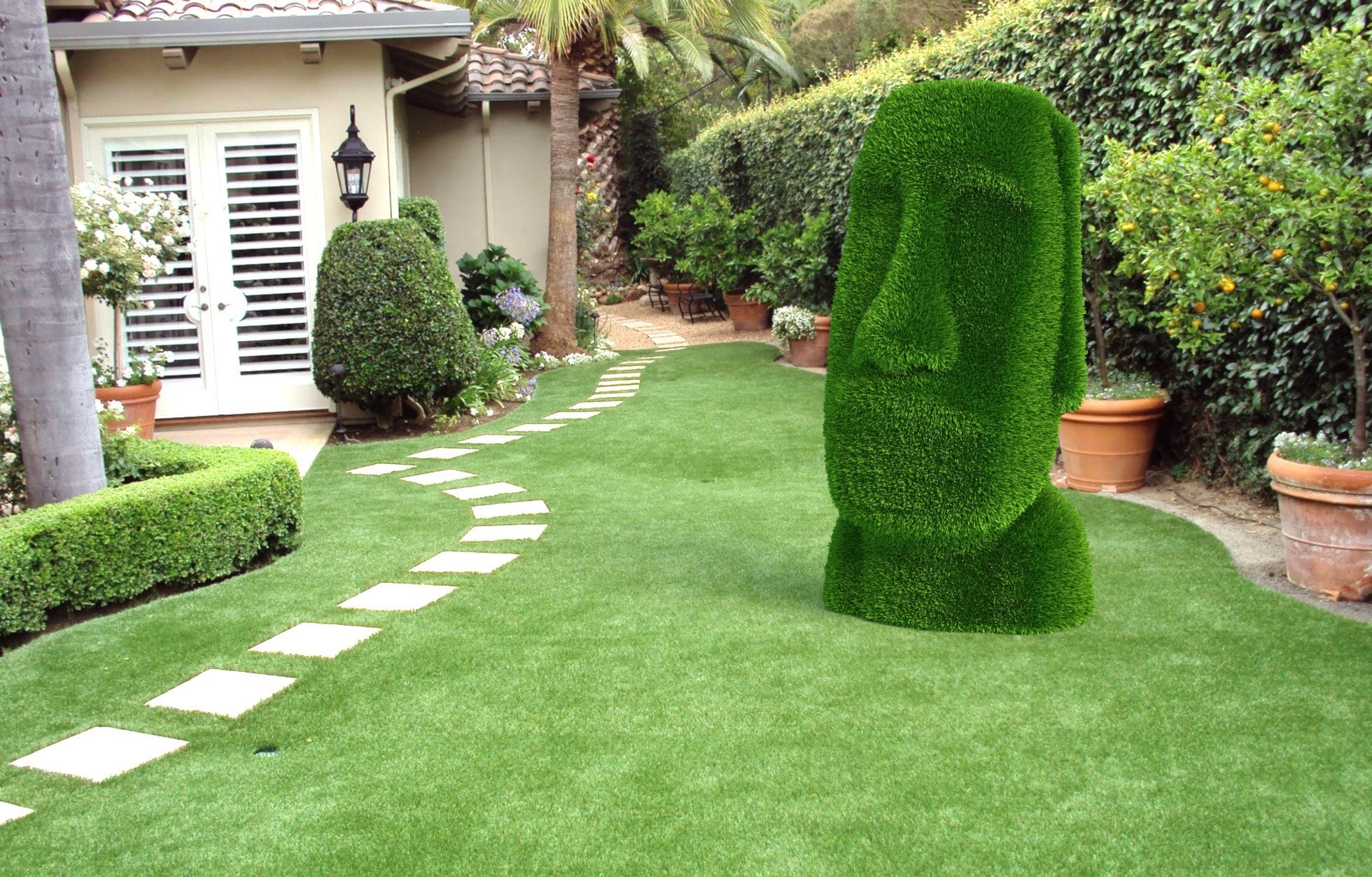 Outdoor Idol Moai Topiary Green Figures Covered in Artificial Grass ...