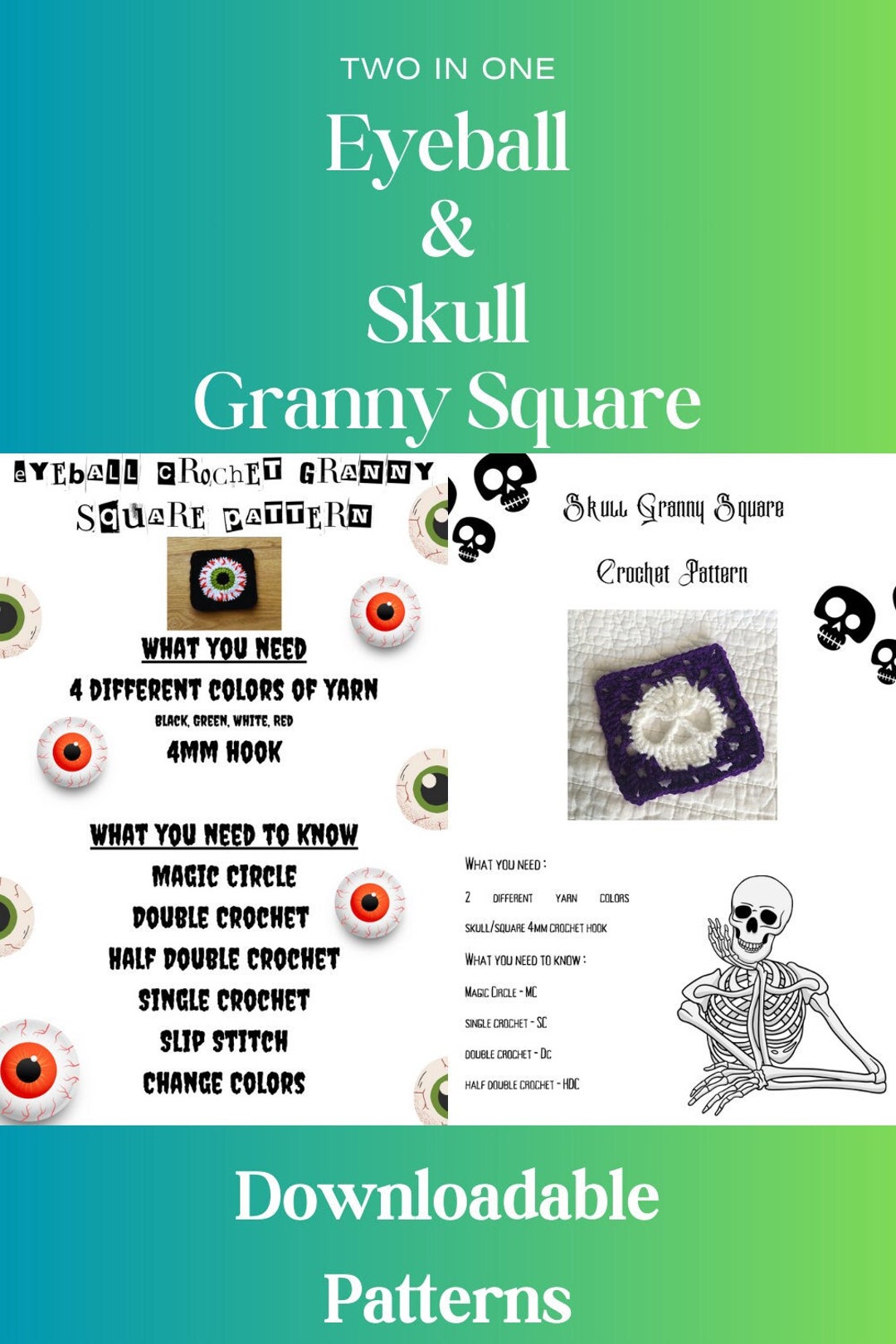 Crochet Pattern Duo Eyeball and Skull Granny Square Patterns Crochet ...