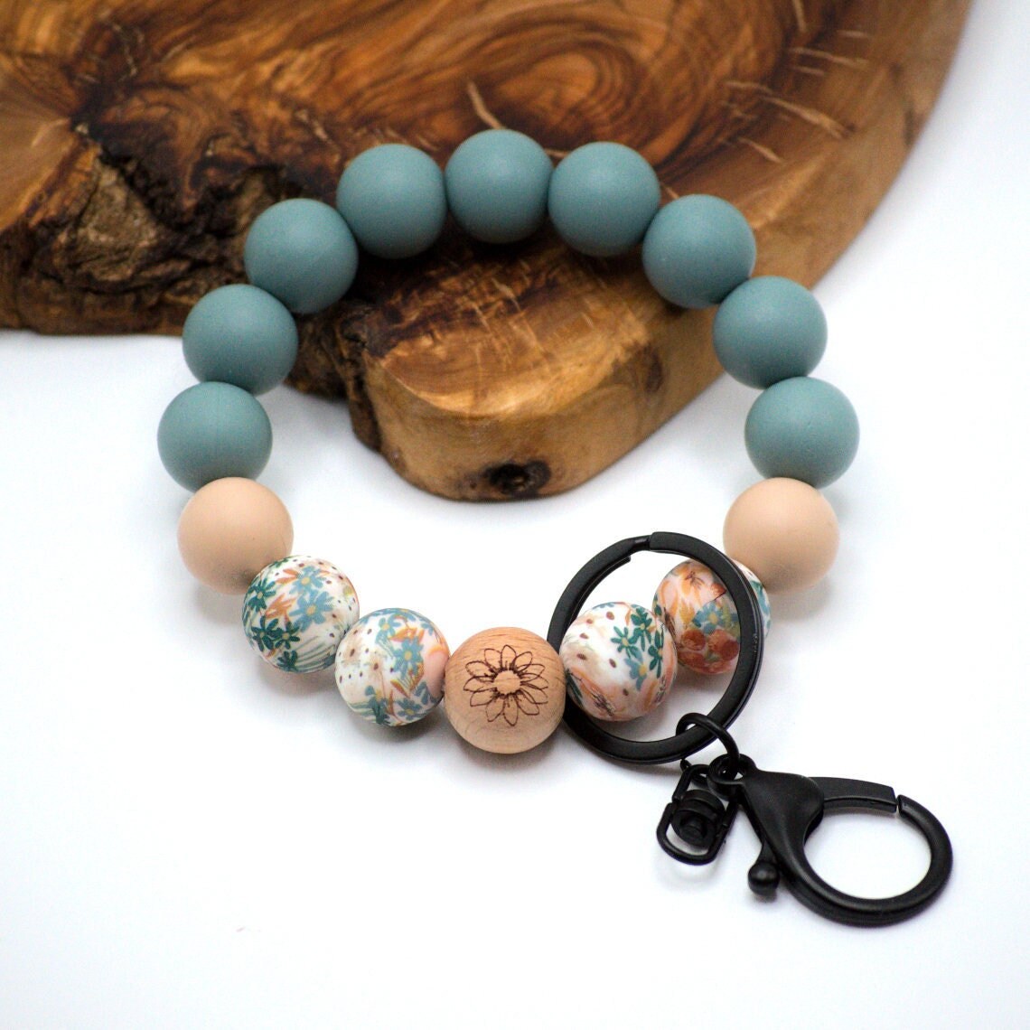 Blue Boho Floral Wristlet Keychain Flower Silicone Bead - Etsy