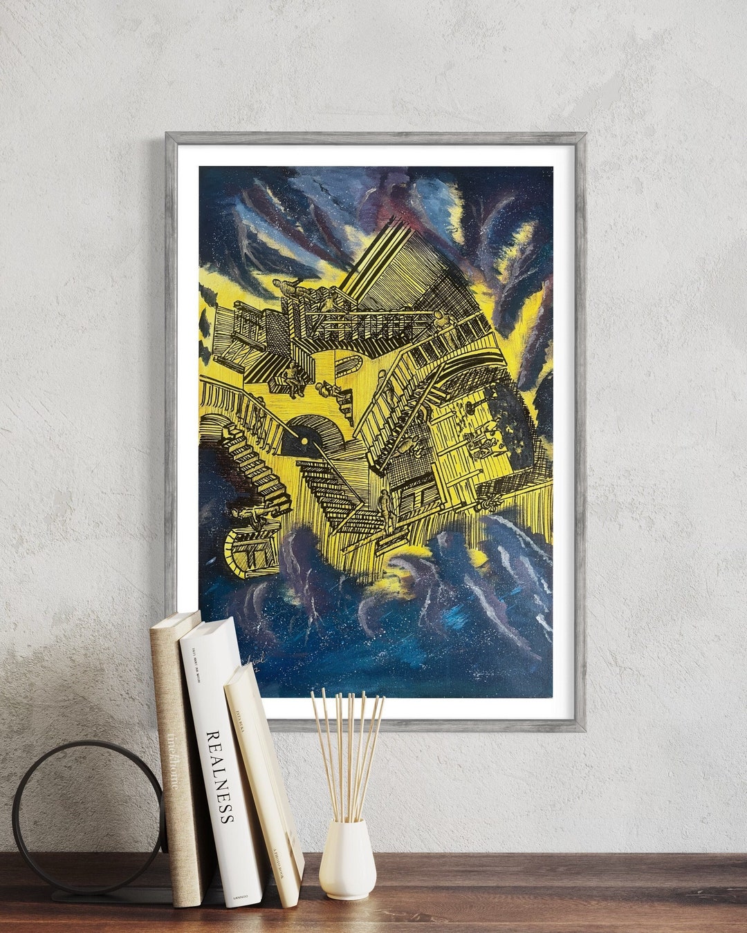 Original Oil on Canvas Painting Escher Relativity Composition in Cosmic ...