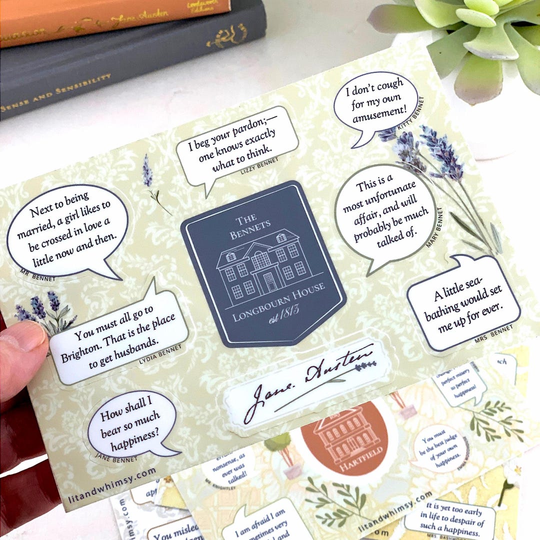Pride and Prejudice Sticker Sheet, Jane Austen Book Quote Vinyl ...